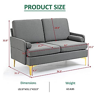 ZJhome 52'' Linen Fabric Modern Sofa Couch with Storage Pocket, Golden Y-Legs & 2 Pillows, Upholstered Comfy Small Loveseat Couch for Living Room, Bedroom, Office, Apartment, Small Space(Gray)