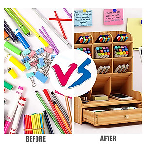 dsfen Wooden Desktop Organizer Multi-Functional Pen Holder Storage Box Desktop Stationary Storage Organizer with Drawer for Home Office School