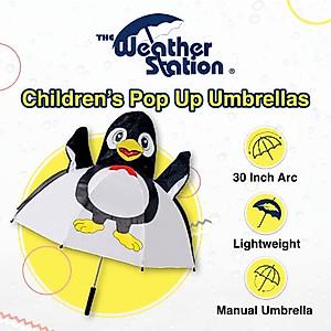 The Weather Station Children's Rain Umbrella, Manual Metal Folding Pop Up Mini Umbrella, Windproof, Lightweight, and Packable for Travel, Full 32 Inch Arc, Penguin