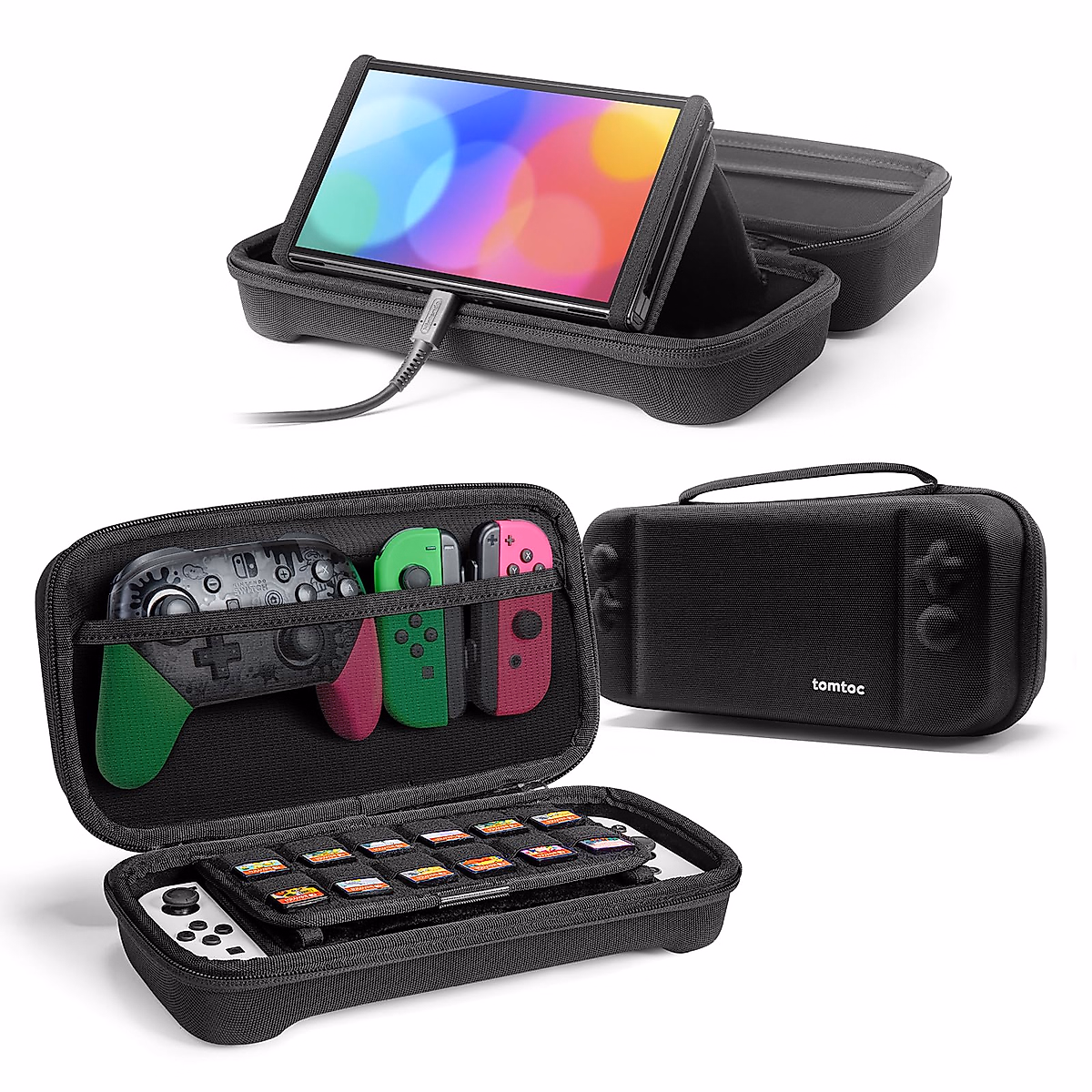 tomtoc Carrying Case for Nintendo Switch/OLED Model, Large Travel Switch Case with Pocket for Pro Controller, Joy con Grip or AC Adapter, Protective Portable Carry Case with 24 Game Cartridges