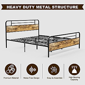 IKIFLY King Size Metal Platform Bed Frame with Wood Headboard Footboard, Heavy Duty Steel Slats, 12" Under Bed Storage, Mattress Foundation, No Box Spring Needed - King/Rustic Brown