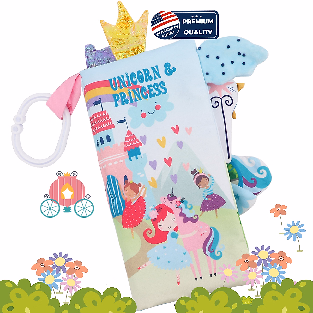 Unicorn Baby Books 0-6 Months 6 to 12 Months, Touch Feel Cloth Crinkle Books for Babies,Infants, Soft Sensory Stroller Toys Baby Gifts Shower Items, Chweing Book, Christmas Stocking Stuffers-princess