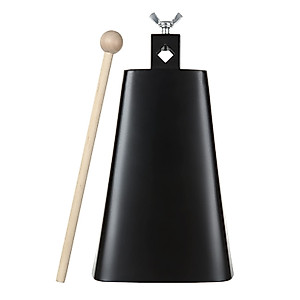 Acrux7 7 Inch Large Cow Bell Noise Makers, Metal Cowbell with Handle and Stick, Hand Percussion Music Cowbell for Sporting Events, Drum Set, Church, Weddings, Beautiful Clear Tapping Sound (Black)