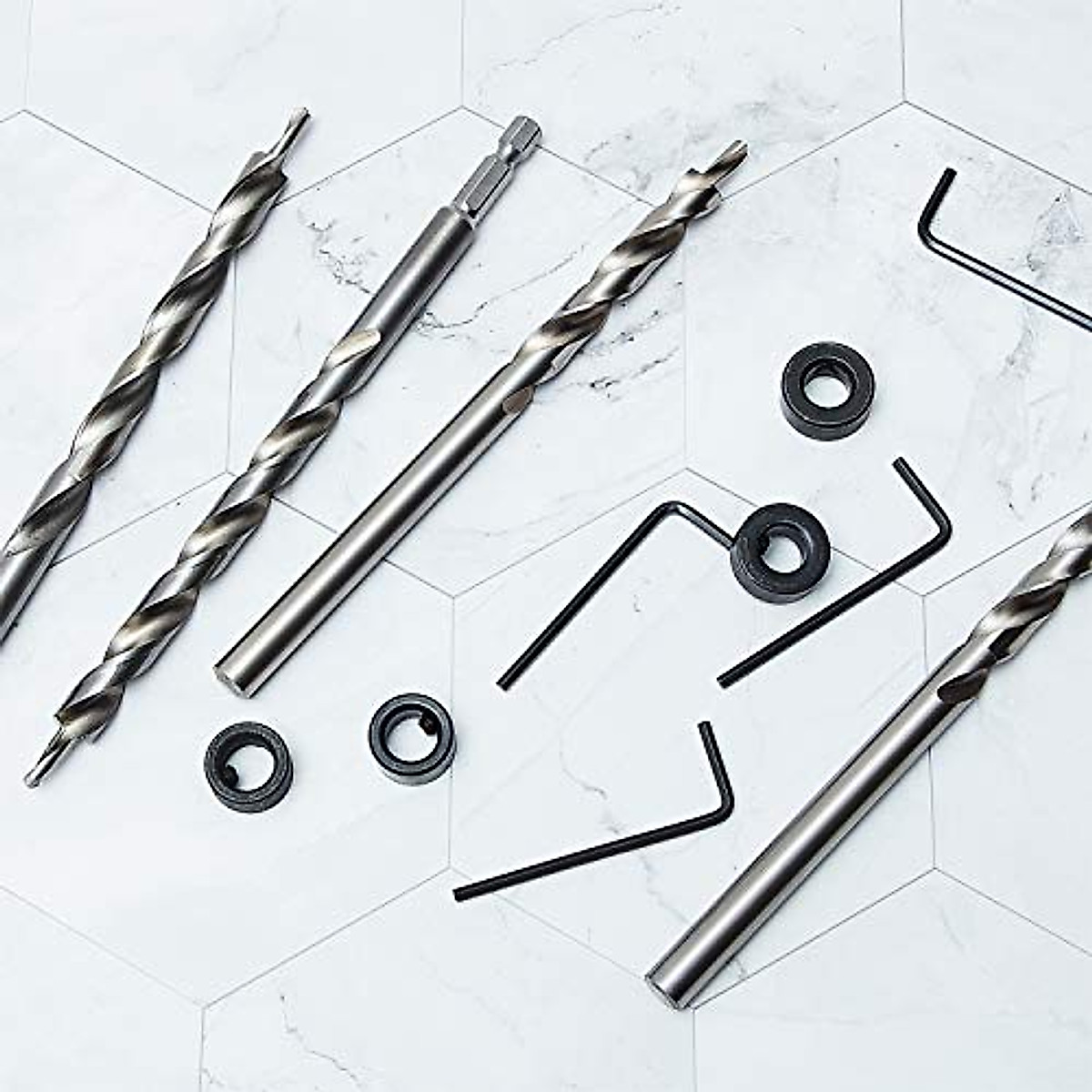 4 Pieces 3/8 Inch Pocket Hole Drill Bit with Depth Stop Collar 1/4 Hex Shank and Round Shank Replacement Twist Step Drills for Manual Pocket Hole Guide Jig Master System (6.3 Inch Length)