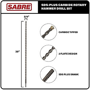 Sabre Tools 3/4 Inch x 39 Inch SDS Plus Rotary Hammer Drill Bit, Carbide Tipped for Brick, Stone, and Concrete (3/4" x 37" x 39")