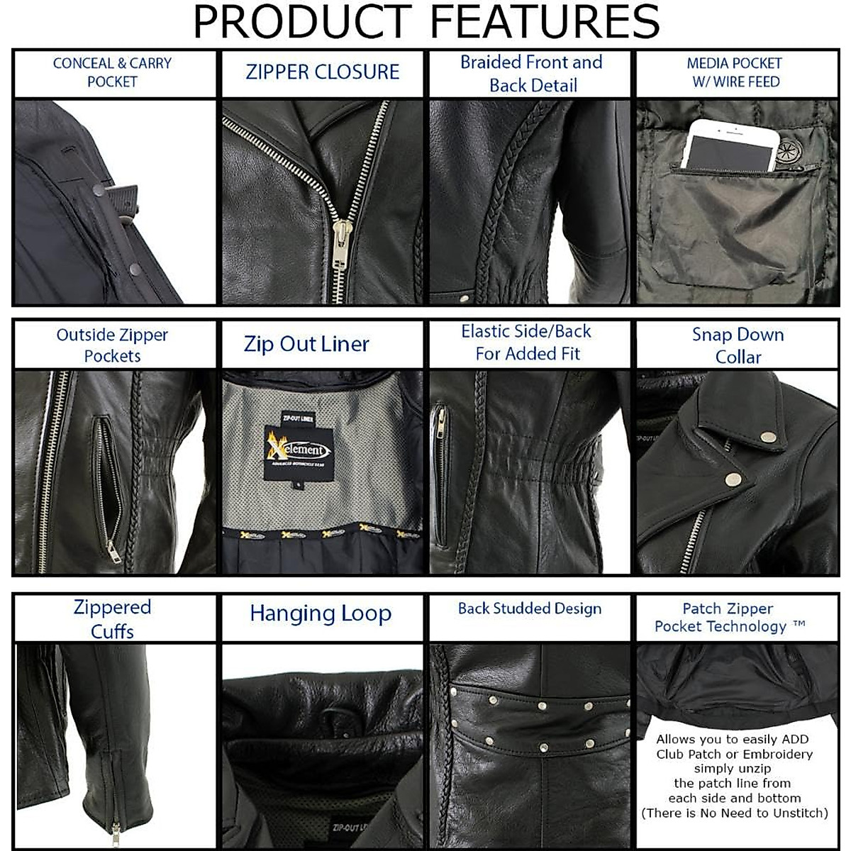 Xelement B8000 Women's Black 'Classic Braided' Fitted Motorycle Jacket - 3X-Large