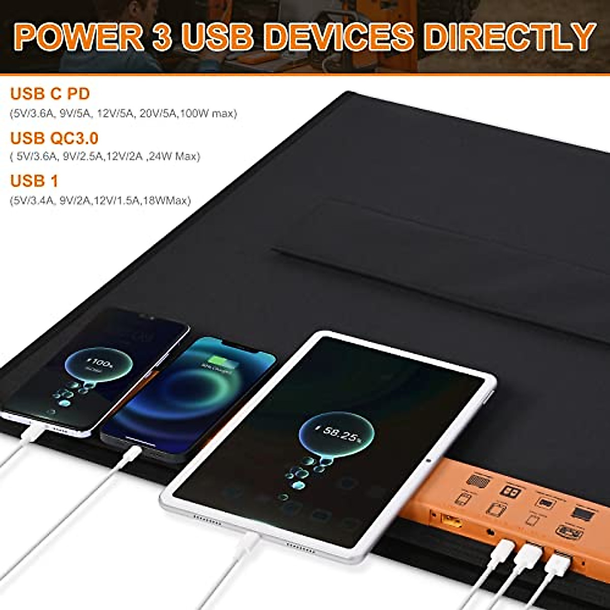 100W 18V Portable Solar Panel for Power Station, 100 watt Solar Charger with USB QC 3.0 Typc C Output + 10A MPPT Charge Controller to Charge 12V Batteries for RV Camping Travel Outdoor Backup