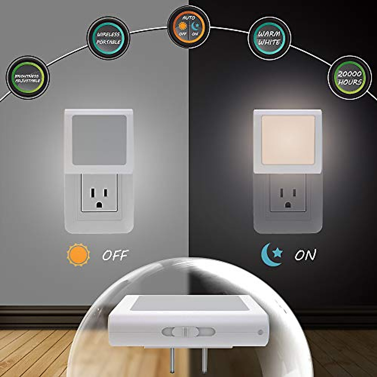 MAZ-TEK Plug-in Led Night Light with Auto Dusk to Dawn Sensor,Adjustable Brightness Warm White Lights for Hallway,Bedroom, Kids Room, Kitchen, Stairway, 2 Pack