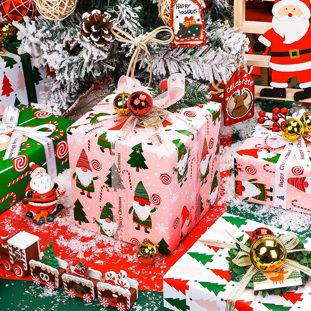 WRAPAHOLIC Christmas Wrapping Paper Roll - Red, Green and Pink Christmas Gnome Elf Holiday Collection - 4 Rolls - 30 Inch x 120 Inch Per Roll