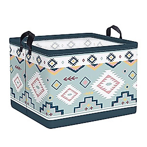 Clastyle Rectangle Blue Boho Clothes Storage Baskets Collapsible Waterproof Geometric Storage Bin for Living Room, 15.7 * 11.8 * 11.8 in
