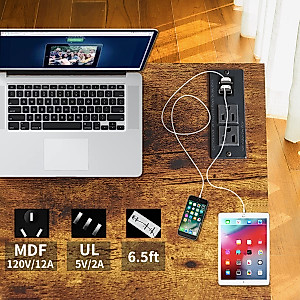 Frylr Industrial Computer Desk 43.3'', Home Office PC Desk with Power Outlet and USB Ports Charging Station, Study Workstation, Stable Metal Frame, Rustic Brown