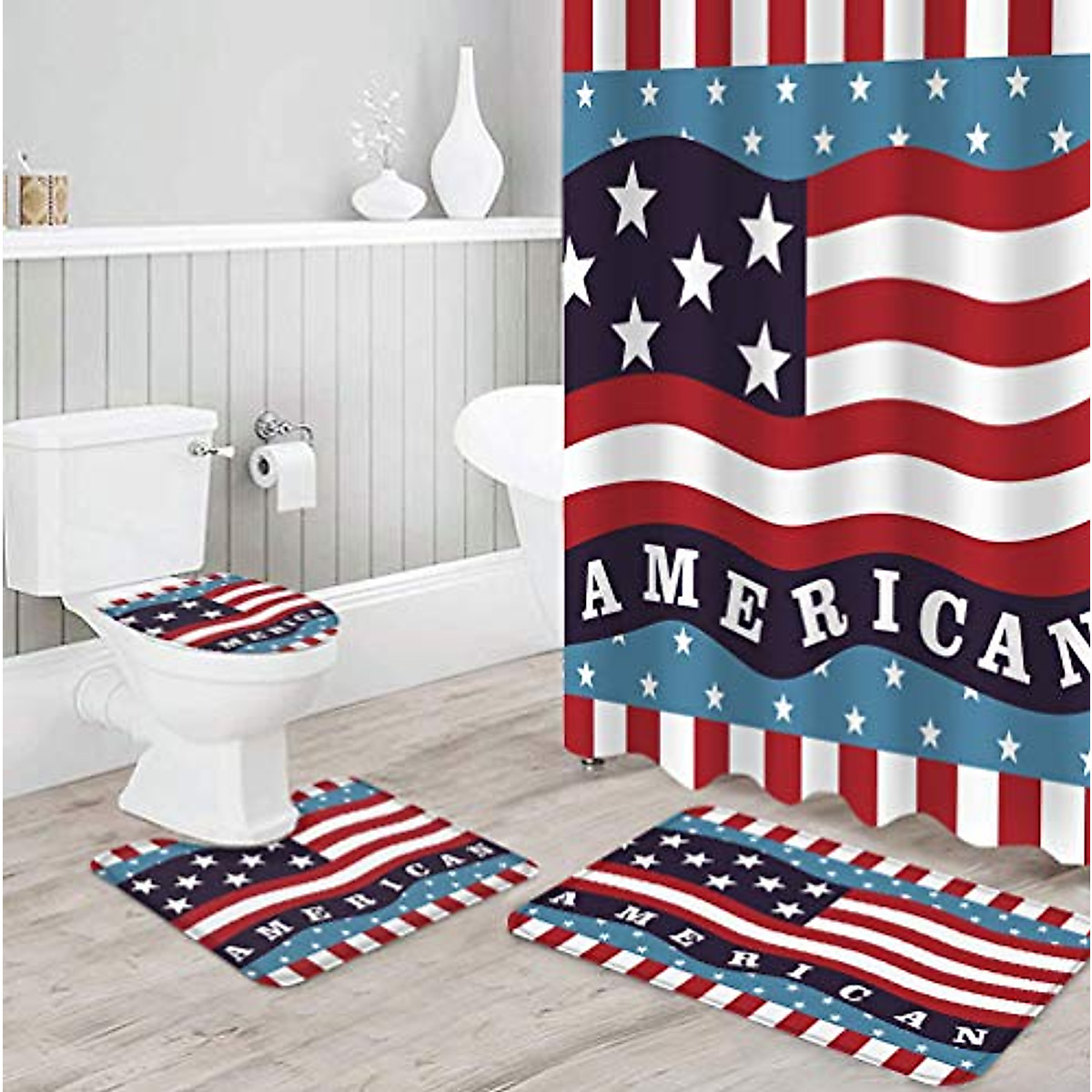 4PCS Bathroom Set Independence Day 4th of July Shower Curtain Sets with Non-Slip Rugs Toilet Lid Cover and Bath Mat Embroidery American Flag Stars and Stripes Simple Bath Curtains with 12 Hooks