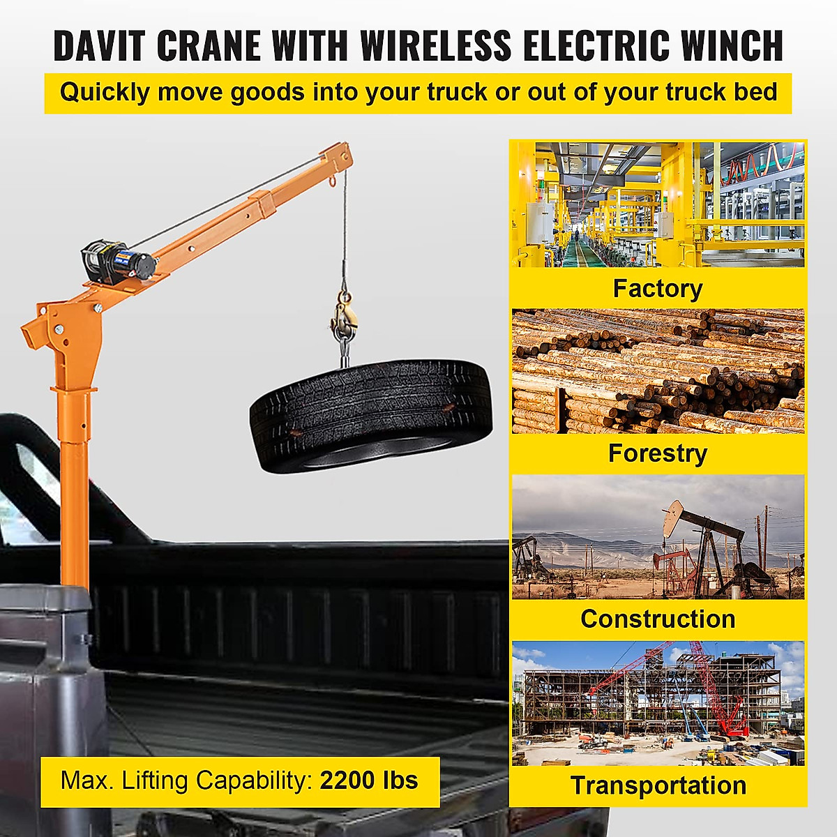 VEVOR Davit Crane, 2200 lbs Truck Crane, Wireless Remote Control Dock Crane, 12V 360° Swivel Electric Crane for Truck, Crane Hitch for Lifting Goods in Construction, Forestry, Factory, and Transport