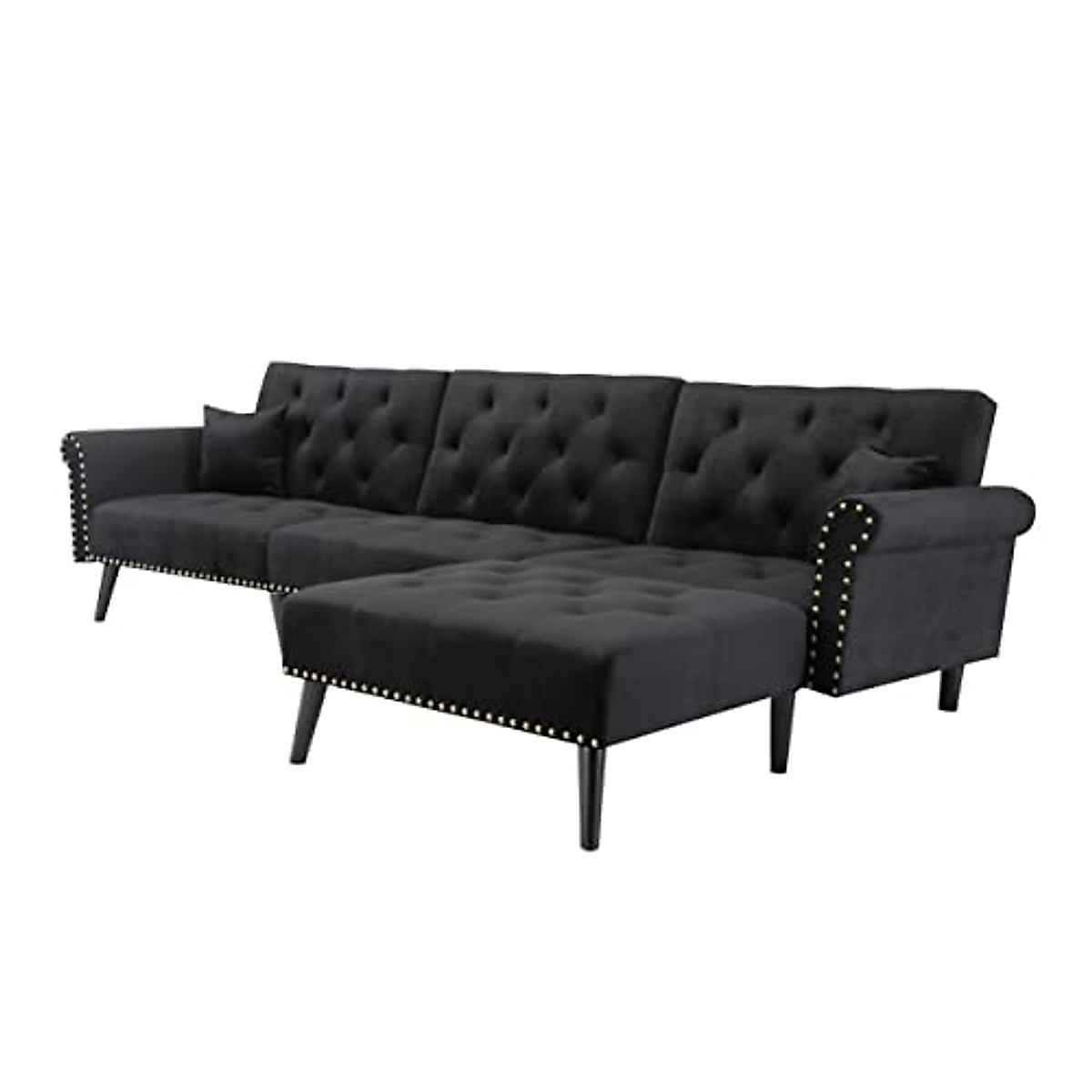 KoiHome Sectional Sofa Right Hand Facing Velvet Button Tufted, L Shape Chaise with Nail Head Detail, Conical Wood Leg, 2 Pillows, Modern & Elegant, Home Furniture for Living Room,Office, Black