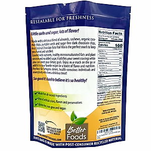 BetterFoods Coconut Chocolate Keto Trail Mix | Vegan, Keto-Friendly, Only 1g Sugar & 4g Net Carbs | Almonds, Cashews, Sugar-Free Chocolate Chips & Organic Coconut Blend, 20oz