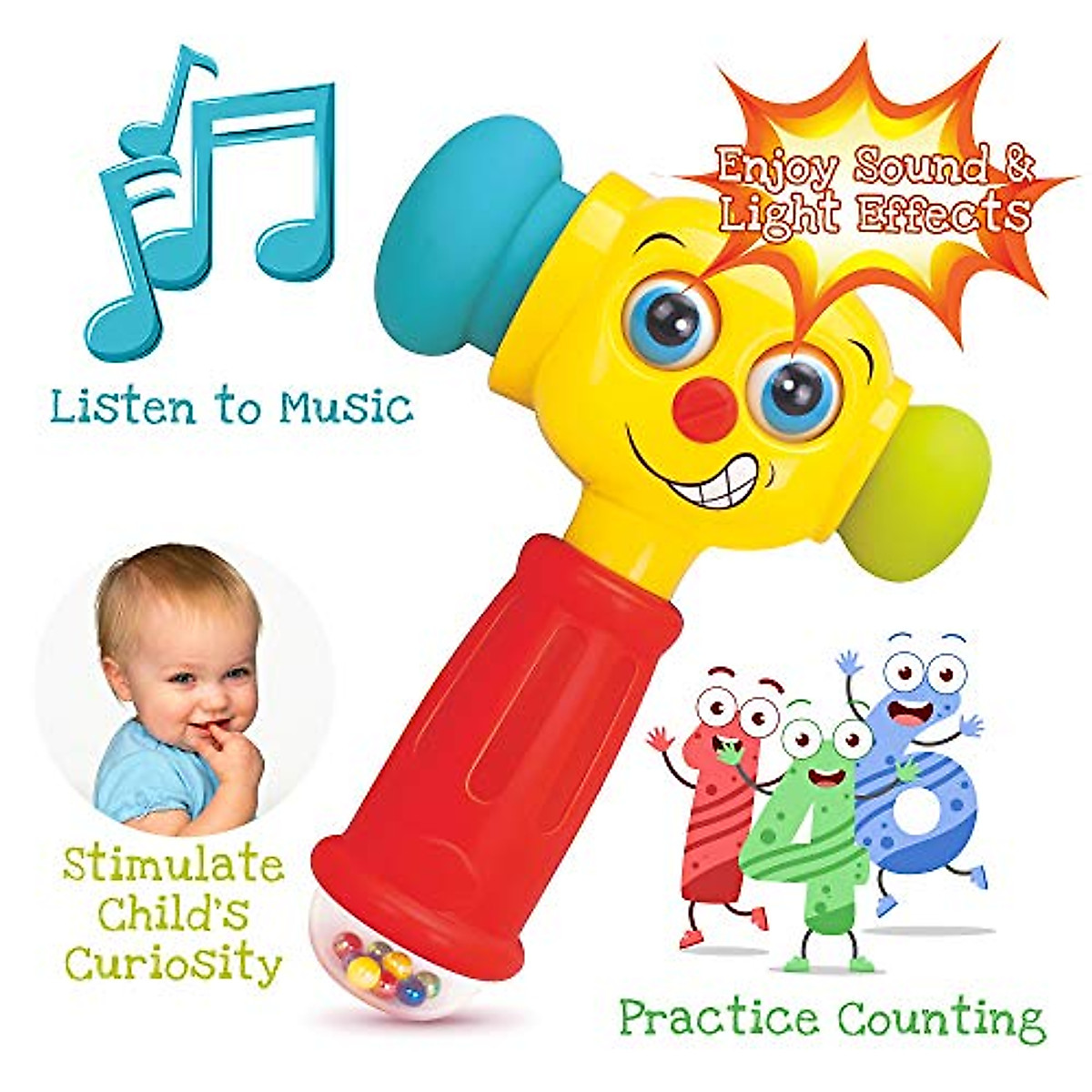 Toy Hammer w/Lights, Learning Mode and Music Mode – Baby Hammer Toy Plays 6 Short Kids' Songs, Counts 1-10 w/Baby, Changes Funny Expressions and Lights Up – for Kids 12 Months and Older