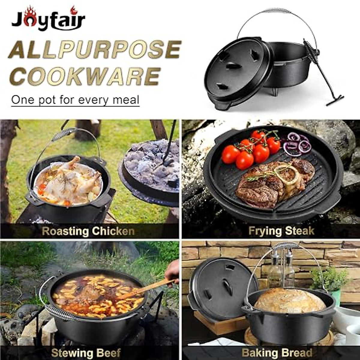 5qt Cast Iron Dutch Oven Set of 4, Joyfair Pre-seasoned Camp Dutch Oven Pot & Griddle Skillet With Accessories Kit (Lid Lifter/Iron Stand/Cleaner), For Roasting Stewing Casserole Sourdough Bread