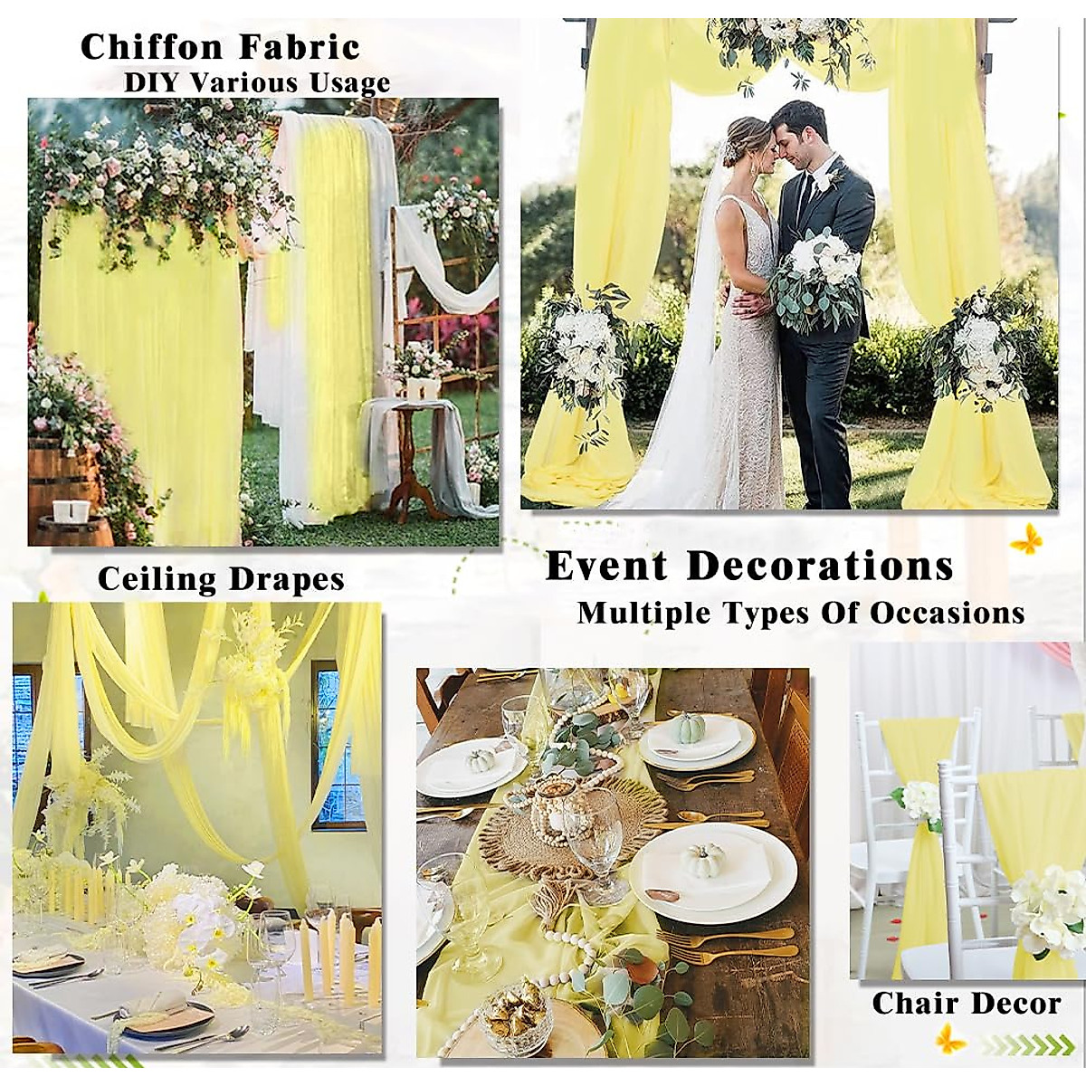 DUOBAO 59"Wide Chiffon Fabric Yellow Sheer Fabric 15 Feet Lightweight Fabric Yellow Fabric for Wedding Party Birthday （Yellow 5 Yards）
