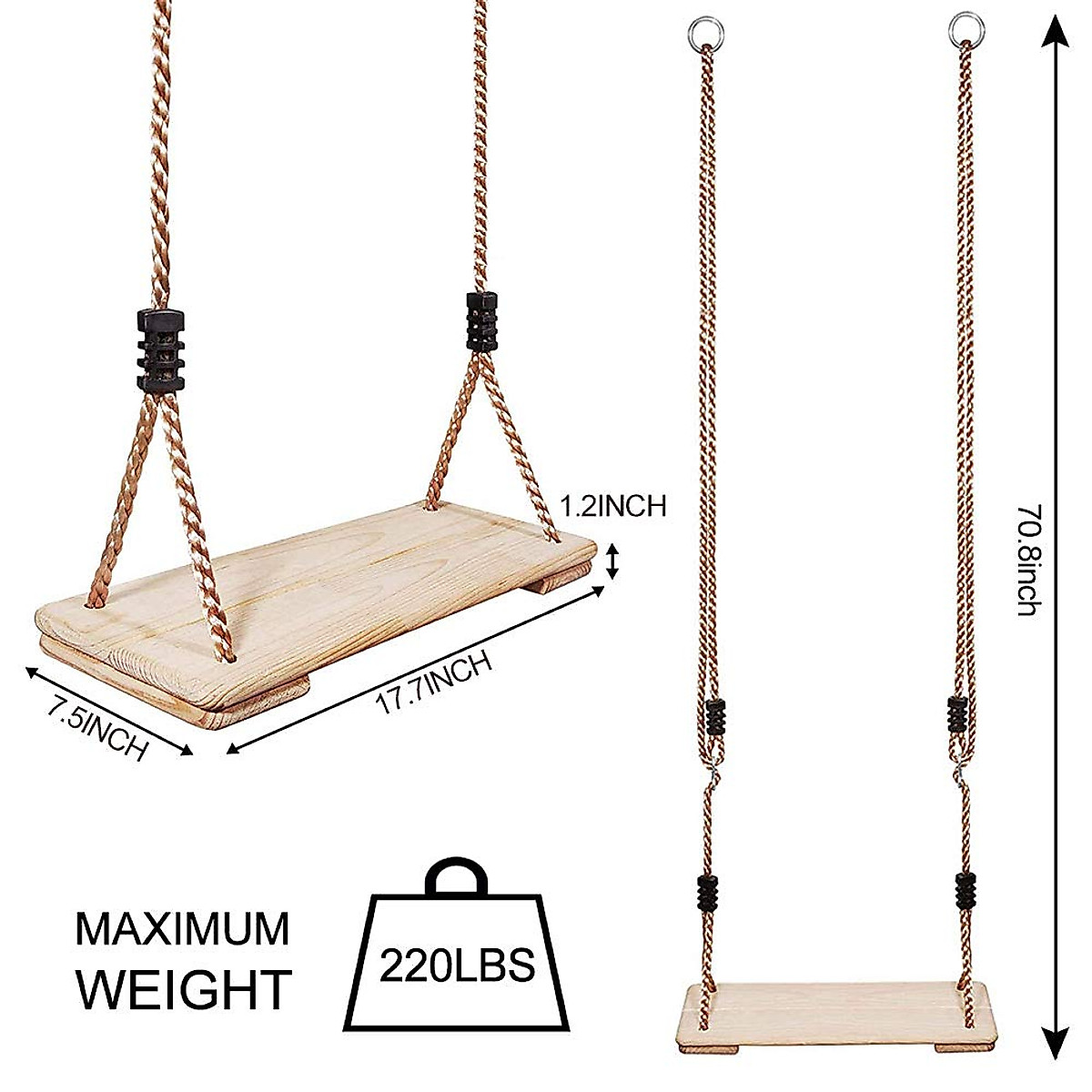 Wooden Tree Swing Set, Wooden Swing Seat with 2 Carabiners, 2 Strengthen Straps and Adjustable Rope for Kids Indoor Outdoor, 17.7'' x 7.5'' x 1.2''