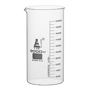 EISCO Beaker, 2000ml - Tall Form with Spout - White, 100ml Graduations - Borosilicate 3.3 Glass