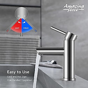 AMAZING FORCE Single Hole Bathroom Faucet Single Handle Bathroom Sink Faucet Brushed Nickel Stainless Steel Basin Mixer Tap - Sink Drain & Deck Plate Not Included 1.2 GPM