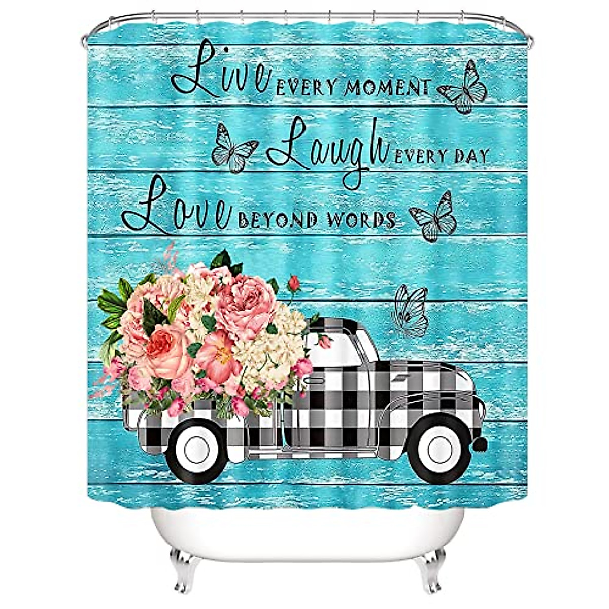 jieprom 4PCS Rose Flower Truck Shower Curtain Set with Non-Slip Rugs, Toilet Lid Cover and Bath Mat, Teal Shower Curtain with 12 Hooks, Insipirational Bathroom Decor Set, Love, Live and Laugh