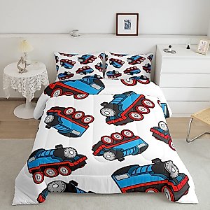 Train Bedding Set Kids Cartoon Car Comforter Set Boys Girls Train Travel Decor Comforter Microfiber Train Construction Red Blue Duvet Set Bedroom Quilt Set Full Size