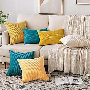 EMEMA Throw Pillow Covers Corduroy Decorative Soft Striped Square Cushion Covers Spring Pillowcases for Couch Sofa Bedroom Chair Car 20x20 Inch Pack of 2, Ocean Blue