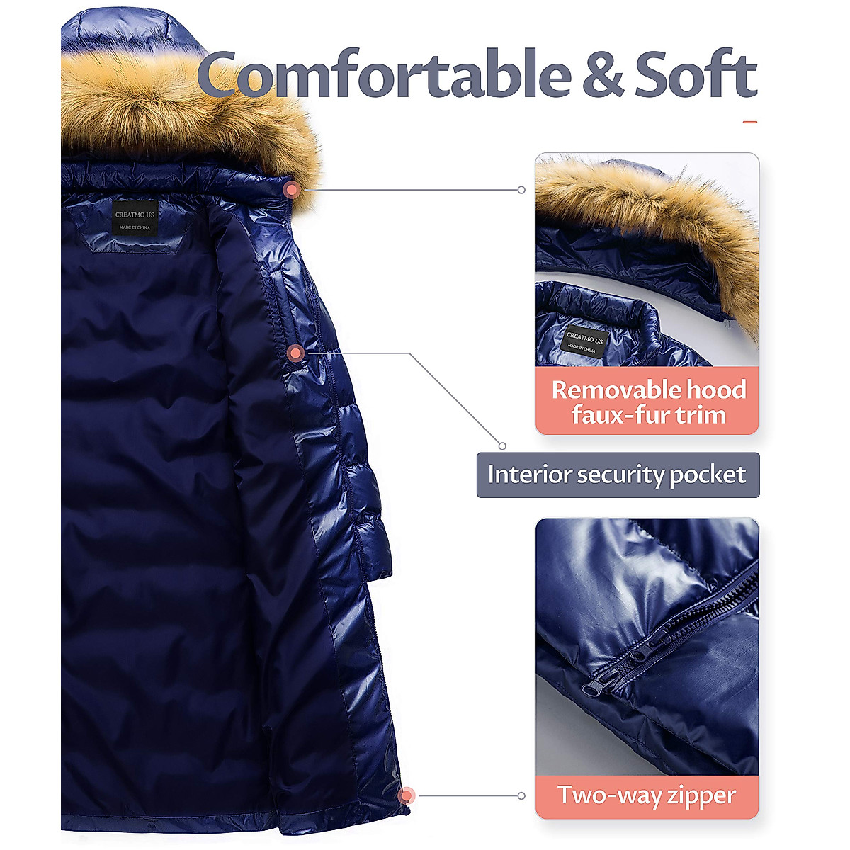 CREATMO US Women's Long Puffer Bubble Coat Hooded Jacket Shiny Puffer Plus Size Coat Navy 3XL