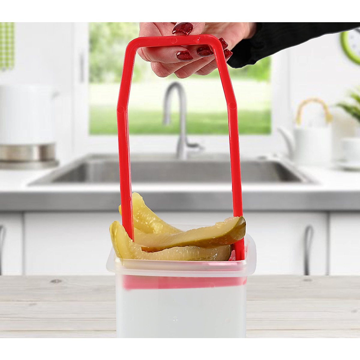 Home-X Set of 3 Pickle Storage Containers, Straining Pickle Jar, Filter Insert, Sieve Food Saver Container, 7 ½” L x 4 ¼” W x 4 ¼” H, Set of 3, Red