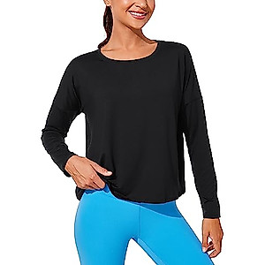 CRZ YOGA UPF 50+ Long Sleeve Shirts for Women Lightweight Workout Crop Tops Sun Protection Outdoor Quick Dry Hiking Shirt Black Medium