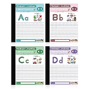 SUNEE Primary Composition Notebooks (4 Pack) - Kids Handwriting & Drawing Story Journal - Grades K-2, 9 3/4" x 7 1/2", 80 Sheets/160 Pages, Assorted Colors