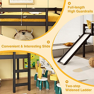 IFANNY Loft Bed with Slide, Solid Wood Low Loft Bed Twin Size with Storage and Ladder, Wooden Bedframe with Safety Guardrails, Twin Loft Bed for Kids Boys Girls Teens, No Box Spring Needed (Espresso)