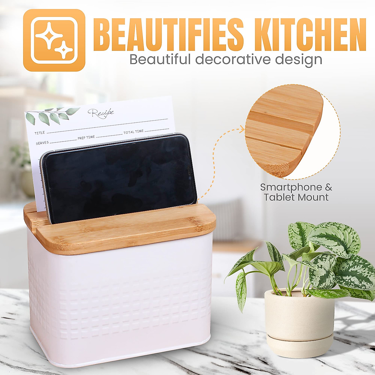 Jovai Brands Recipe Box - Metal Organization Tin Includes Blank Cards & Interior Dividers - Classic Neutral Style White Metallic Decorative Holder - Thick Card Stock - Perfect Organizer Gift Set