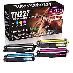 Kolasels (with Chip) 4-Pack (BK+C+Y+M) Compatible TN-227 TN227 (TN-227BK+TN-227C+TN-227Y+TN-227M) Toner Cartridge (High Yield) to Used for HL-L3210CW HL-L3230CDW Printer