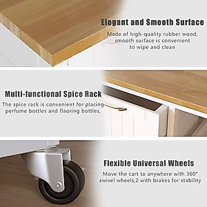 NSdirect Kitchen Island Cart,Industrial Kitchen Bar&Serving Cart Rolling on Wheels Utility Storage Trolley with 3-Tier Wine Rack Shelves&Three Storage Drawers,Soild Rubber Wood Top,White