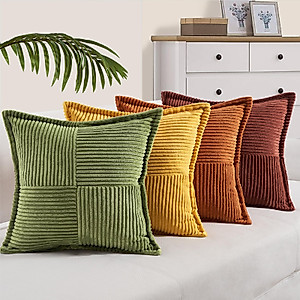 Topfinel Burnt Orange Fall Decorative Throw pillows covers 18x18 Inch Set of 4,Rustic Corduroy Striped Splicing Yellow Green Orange Pillowcase Home Decor,Square Cushion Covers for Couch Sofa Bed