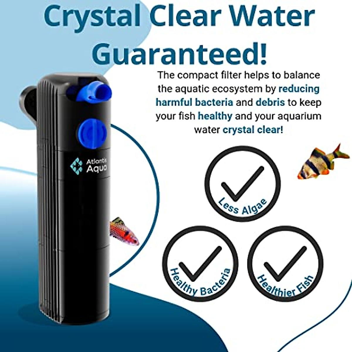 Atlantis Aqua™ Internal Filter for Aquarium | Fish Tank Filter | Fish Tank Filter 20 Gallon - 100 Gal, Crystal Clear Water & Healthy Fish Guaranteed | Submersible Aquarium Filter, Filter for Fish Tank