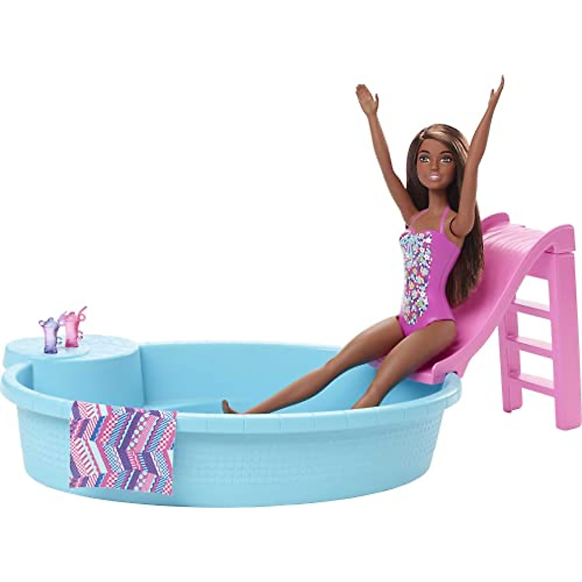 Barbie Doll and Pool Playset with Pink Slide, Beverage Accessories and Towel, Brunette Doll in Floral Swimsuit