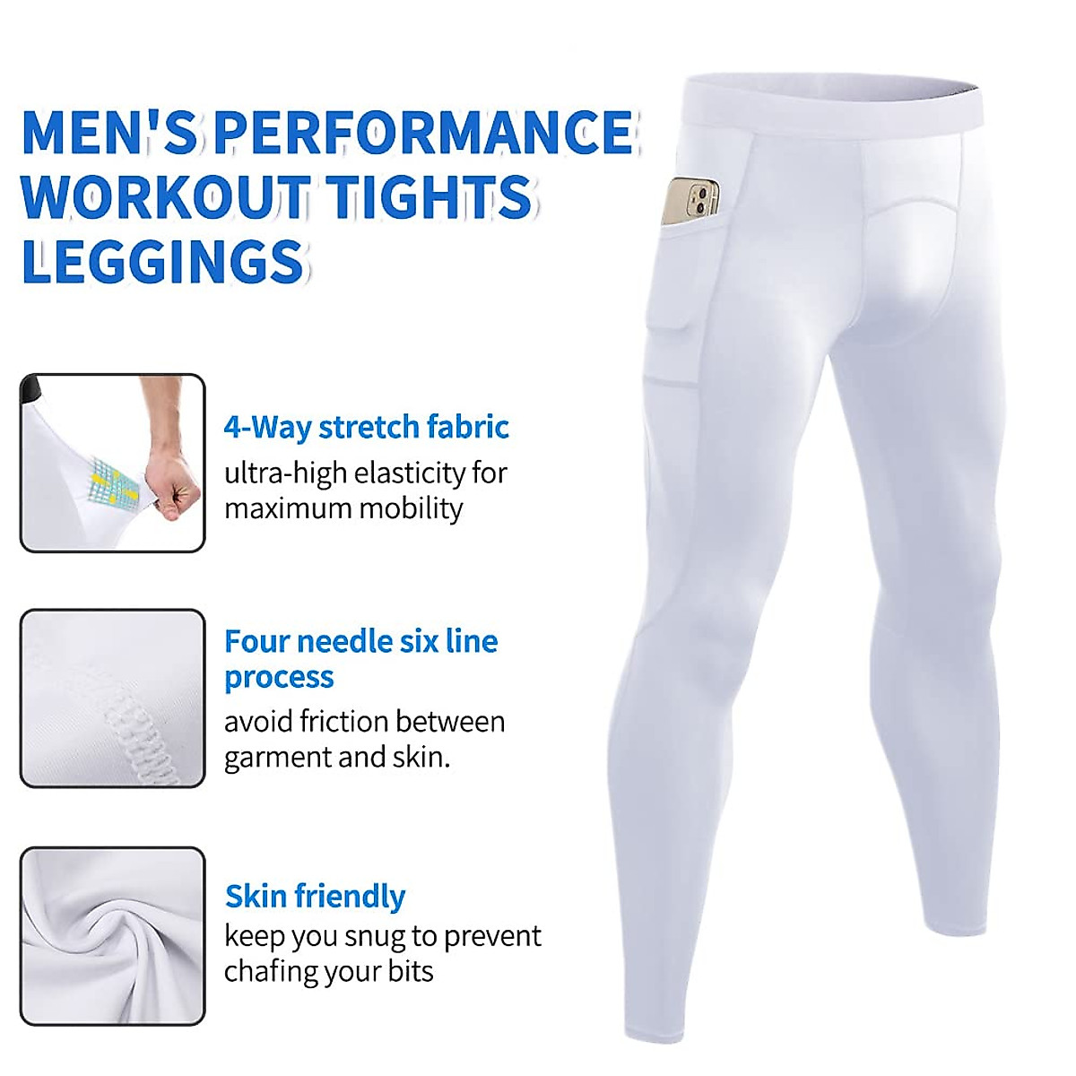 EARGFM Men's Compression Pants Athletic Leggings Workout Running Tights Dry Base Layer with Pockets Active Cycling Pants White