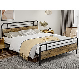 IKIFLY California King Bed Frames with Wood Headboard Footboard, Farmhouse Metal Cal King Platform Bed, Heavy Duty Steel Slats, 12" Under Bed Storage, Noise Free, No Box Spring Needed - Rustic Brown