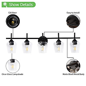 foucasal Black Bathroom Light Fixtures 5-Light Bathroom Vanity Light with Clear Glass Shade, Industrial Matte Bathroom Wall Lights for Bathroom Bedroom Hallway Living Room (E26 Base)