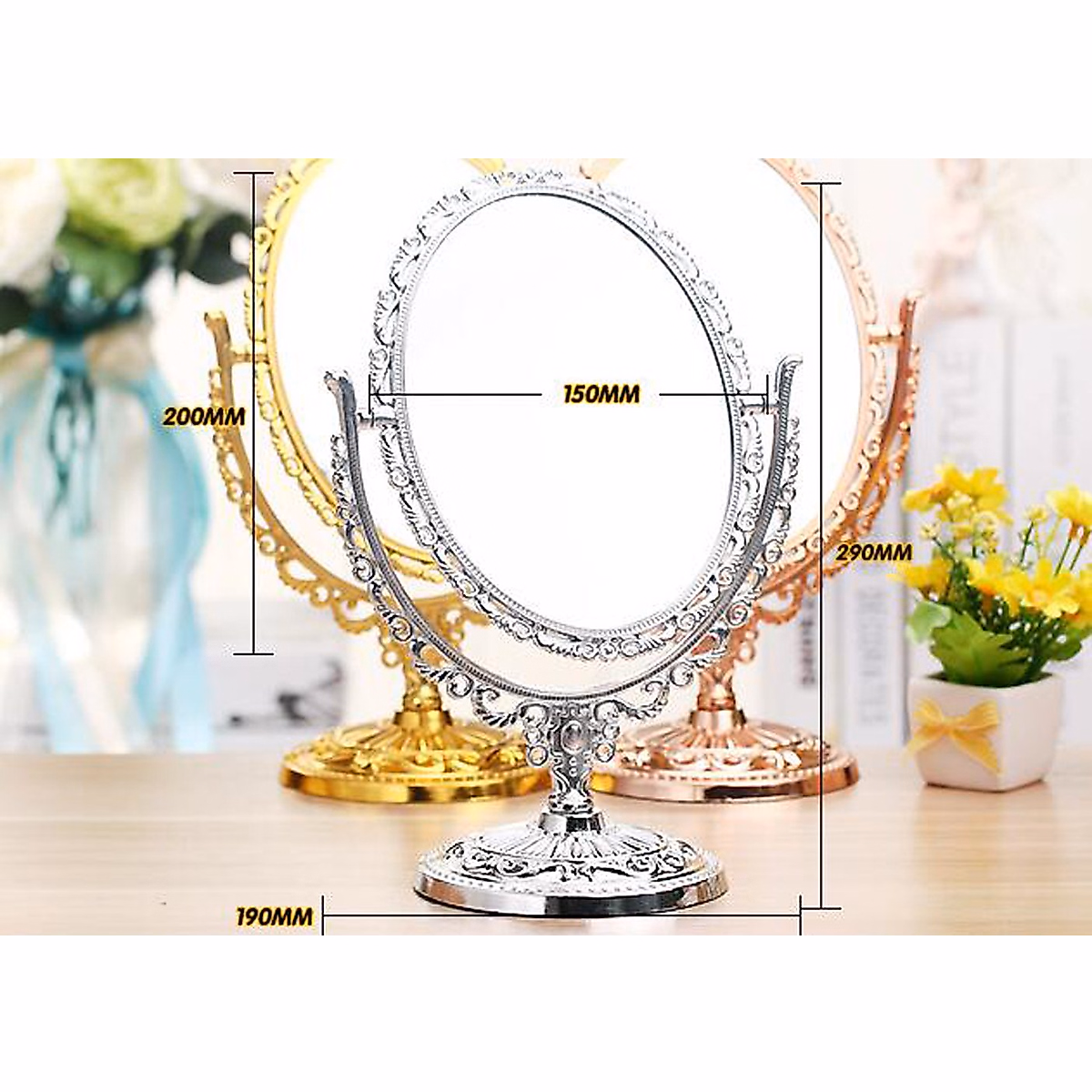Guppy Desktop Antique Vintage European Style Two Sided Swivel Oval Tabletop Vanity Makeup Mirror with Embossed Hollow Flower Shiny Pedestal(Gold)