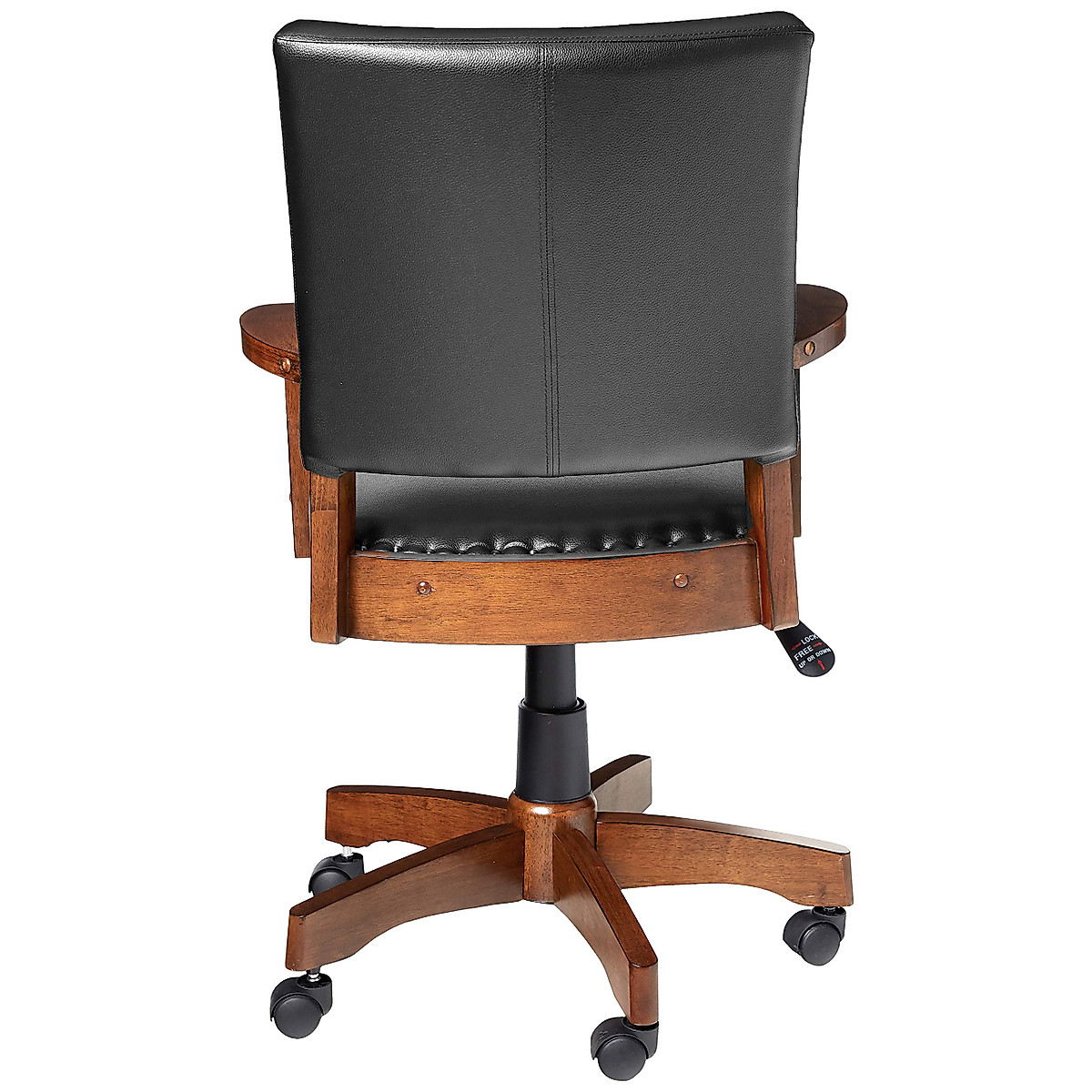 OSP Home Furnishings Deluxe Wood Banker's Chair with Antique Bronze Nailheads and Medium Brown Wood, Black Faux Leather