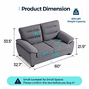 LINSY HOME 58" W Loveseat Sofa, Cloud-Like 2 Seat Couch Modern Comfy Sofa for Bedroom and Living Room, Small Sofa for Small Spaces, Bluish Grey