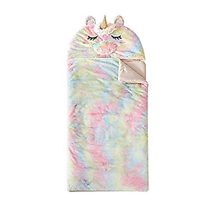Idea Nuova Heritage Kids Rainbow Faux Fur Figural Unicorn Hooded Sleeping Bag, Ages 3+,26"x46"