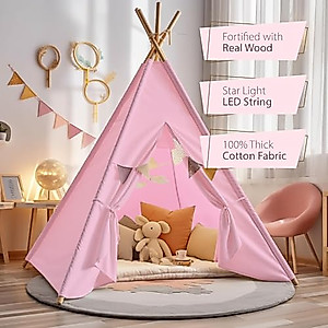 Adorable Pink Kids Teepee Tent with Star Lights, Easy to Assemble 100% Cotton Tipi Play tp Tent for Girls, Spacious Indoor Playhouse for Toddlers, Perfect for Bedroom or Playroom, Durable, Soft Fabric