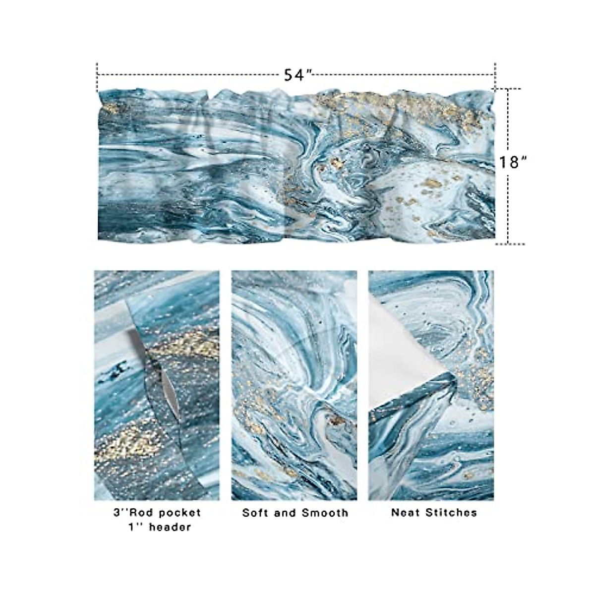Jacekidy Art Marble Curtain Valances Wide Pocket Kitchen Curtains, Filtering Light Window Valance Curtains for Living Room Bedroom Short Cafe Curtain 42"x12" Blue White Gold Liquid Abstract Ocean