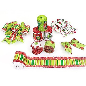 1.5" and 2.5'' Green Cute Merry Grinchmas Wired Ribbon .Glitter Red and Green Polka Dot,Stripe Furry Edge Printed Christmas Wired Ribbon 6 Rolls Total 30 Yards in Length