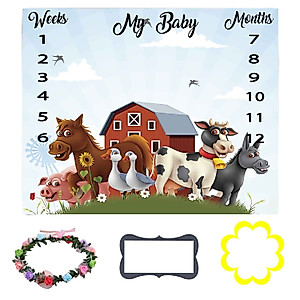 LYLYCTY Baby Monthly Milestone Blanket, Farm Theme Month Blanket for Newborn Baby Shower, Farm Animals Photography Background for Baby 48x40 inches BTCJLY13